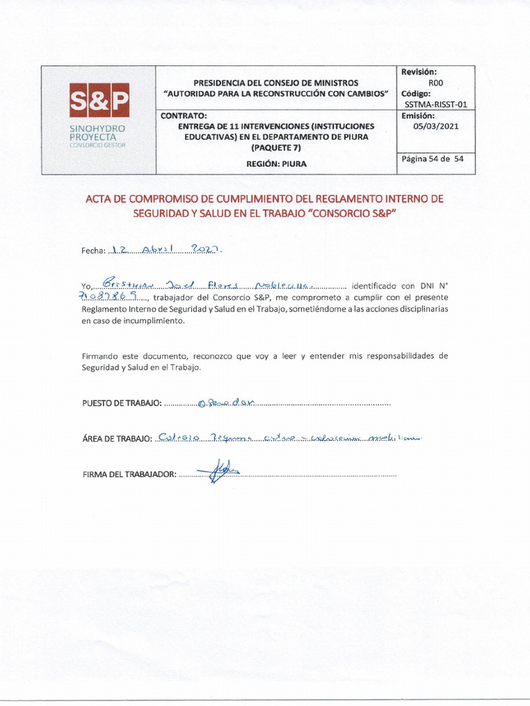 Acta de Compromiso de Cumpl RISST | PDF