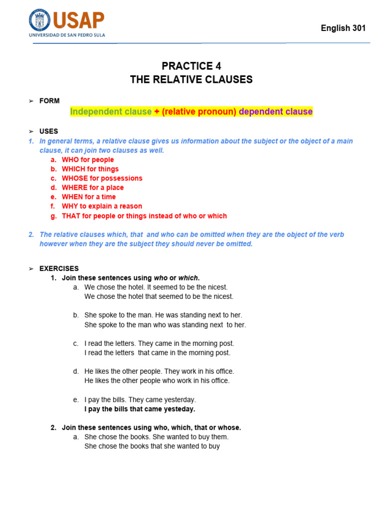 4 Practice - The Relative Clauses | PDF | Clause | Subject (Grammar)