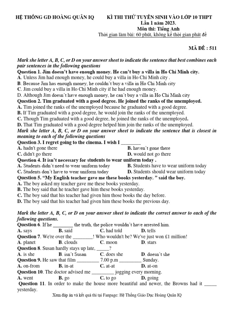ĐỀ THI THỬ LỚP 9 Lần 1 511 | PDF | Ice | Hotel