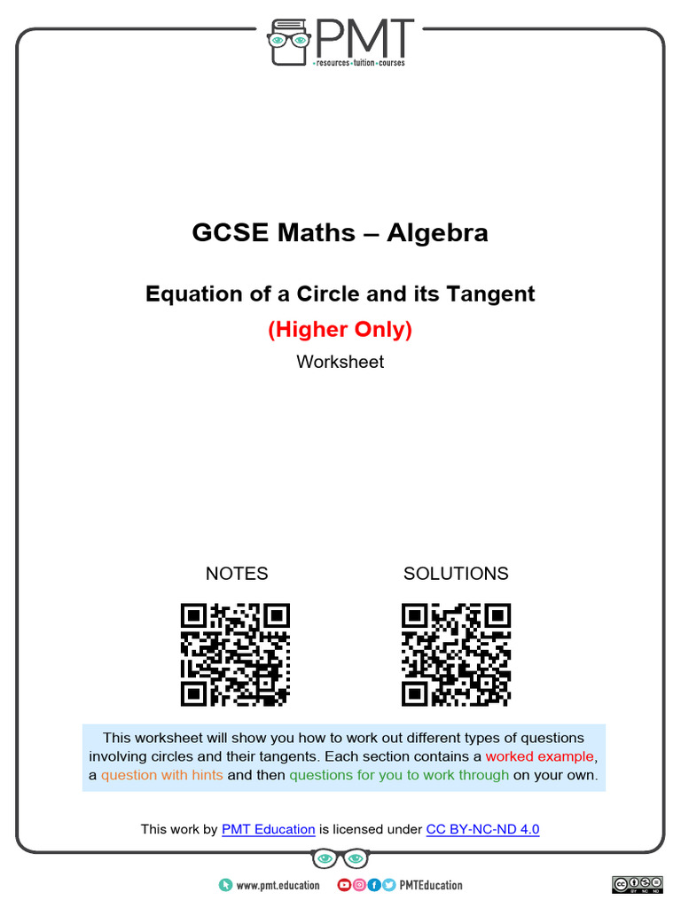 Equation of A Circle and Its Tangent (H) Worksheet - Algebra - Maths ...