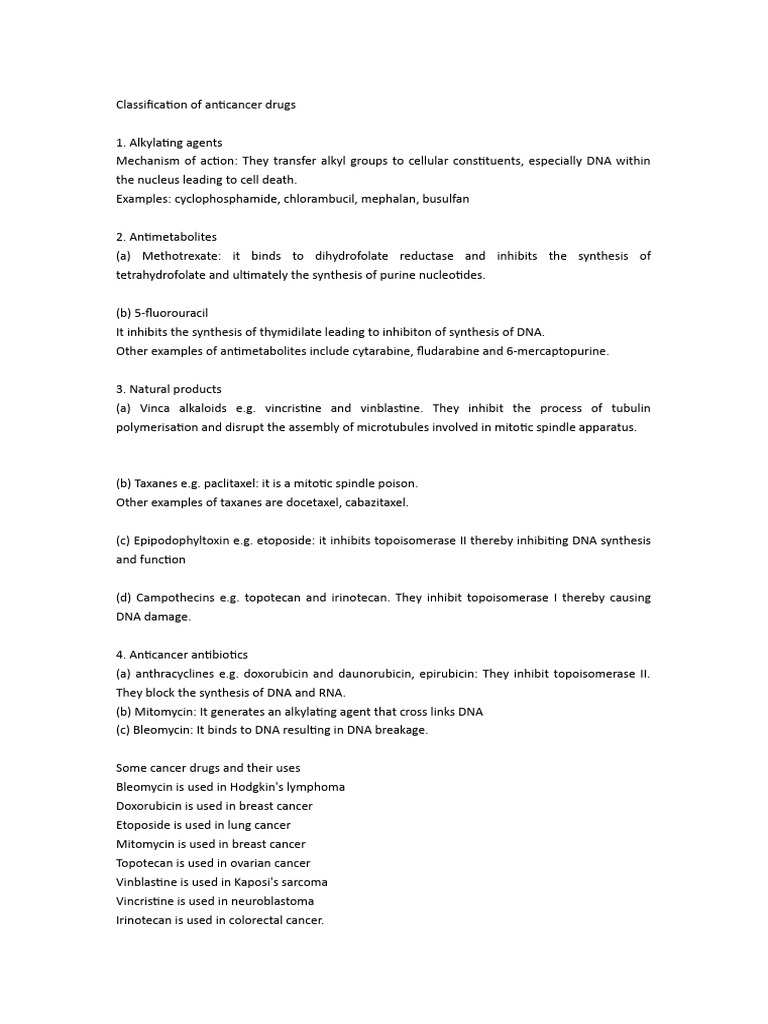 Anticancer Drug Classification Guide | PDF | Chemotherapy | Drugs