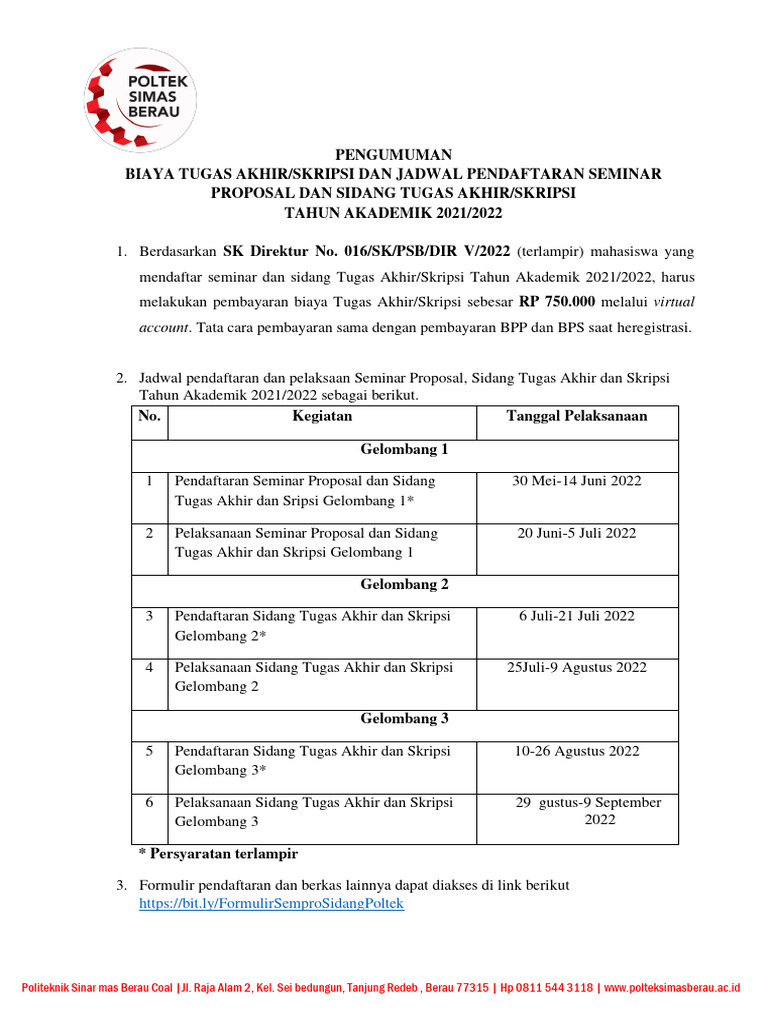Pengumuman Biaya TA Skripsi Dan Sempro Sidang TA 2021 2022 | PDF | Teknologi & Rekayasa