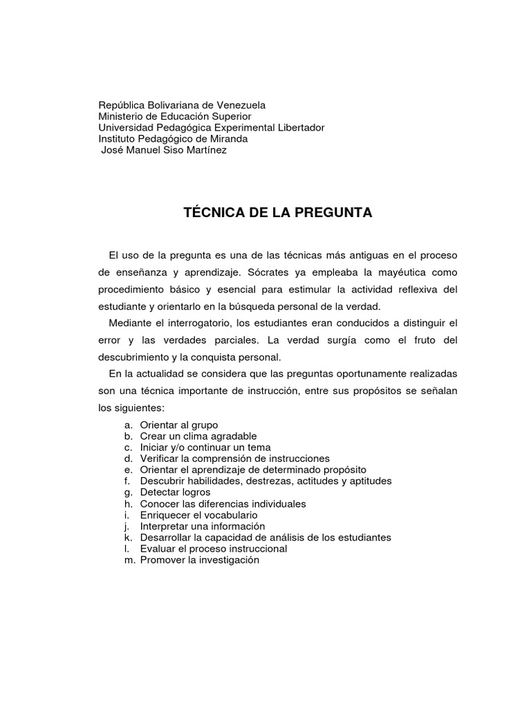 Tecnica de La Pregunta | PDF | Aprendizaje | Maestros