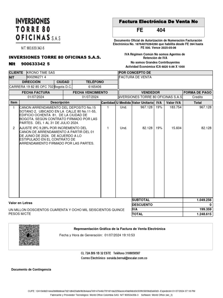 Nit Inversiones Torre 80 Oficinas S.A.S. 5: Factura Electrónica de ...
