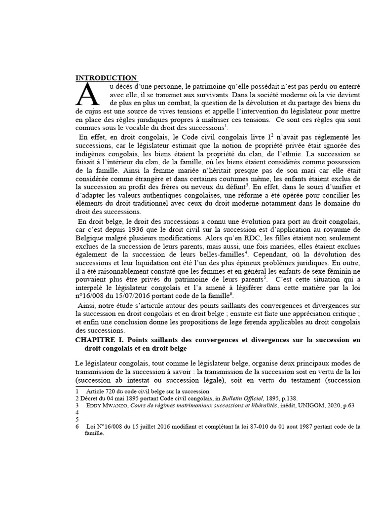 Succession en droit congolais et belge | PDF | Mariage | Filiation légitime