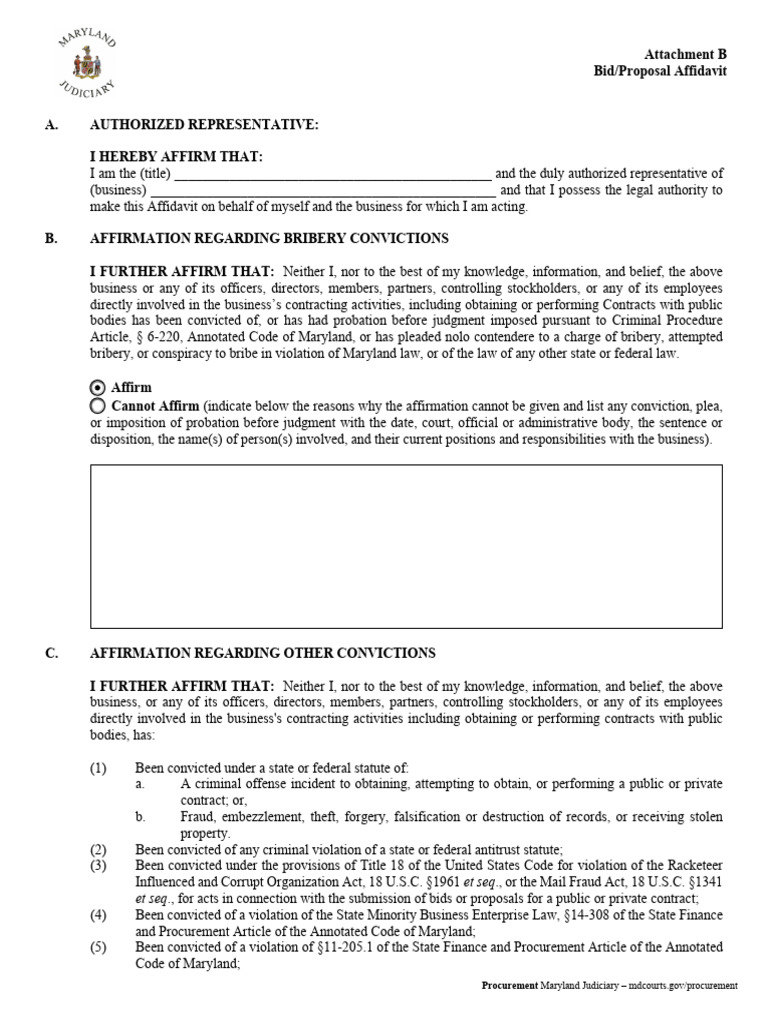 Attachment B - Bid-Proposal Affidavit | PDF | Affidavit | Title 18 Of ...