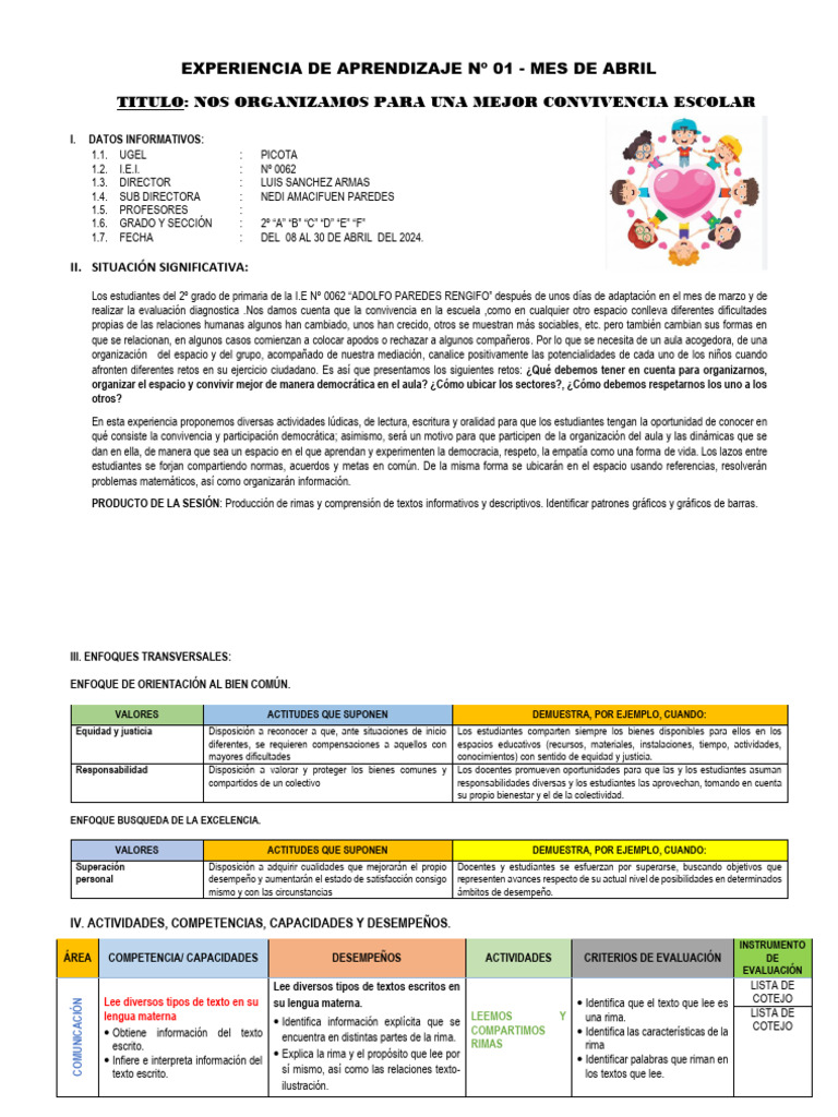 2 Experiencia de Aprendizaje Mes de Abril 2024 | PDF | Números | Evaluación