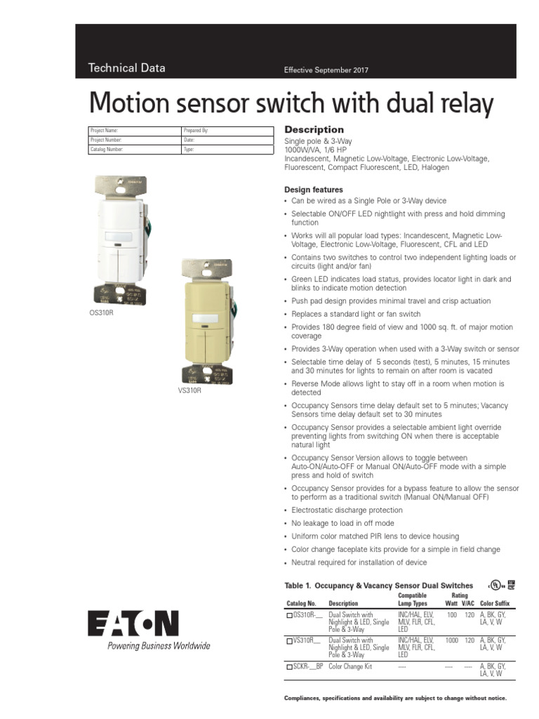 Motion Sensor Switch With Dual Relay Spec Sheet | PDF | Switch ...