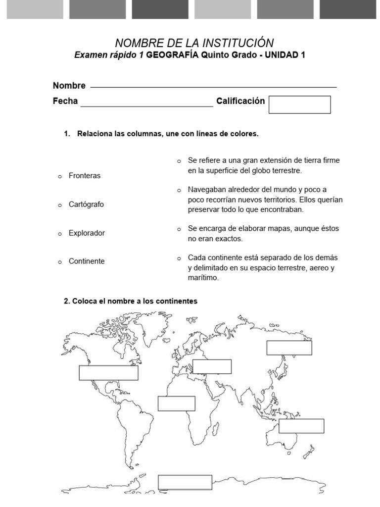 Examen de Geografía para Quinto Grado | PDF | Continente | Asia