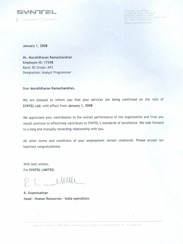 SYNTEL Confirmation Letter | PDF