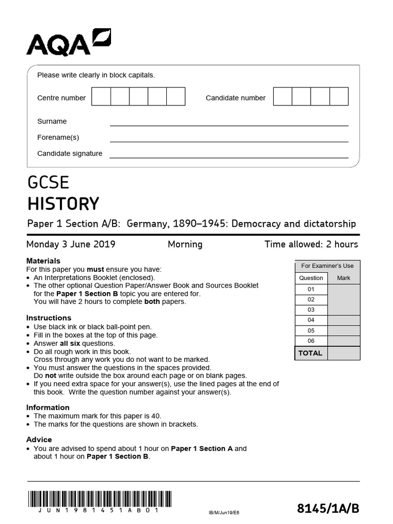 AQA GCSE History Paper 1 Section AB QP | PDF