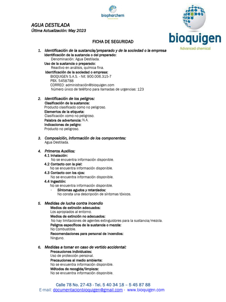 FDS - Agua Destilada | PDF | Residuos | Toxicidad