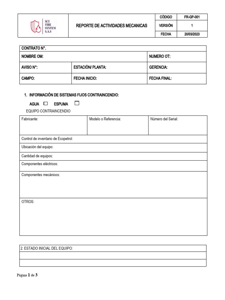 FR-GP-001 Reporte de Actividades Mecanicas | PDF
