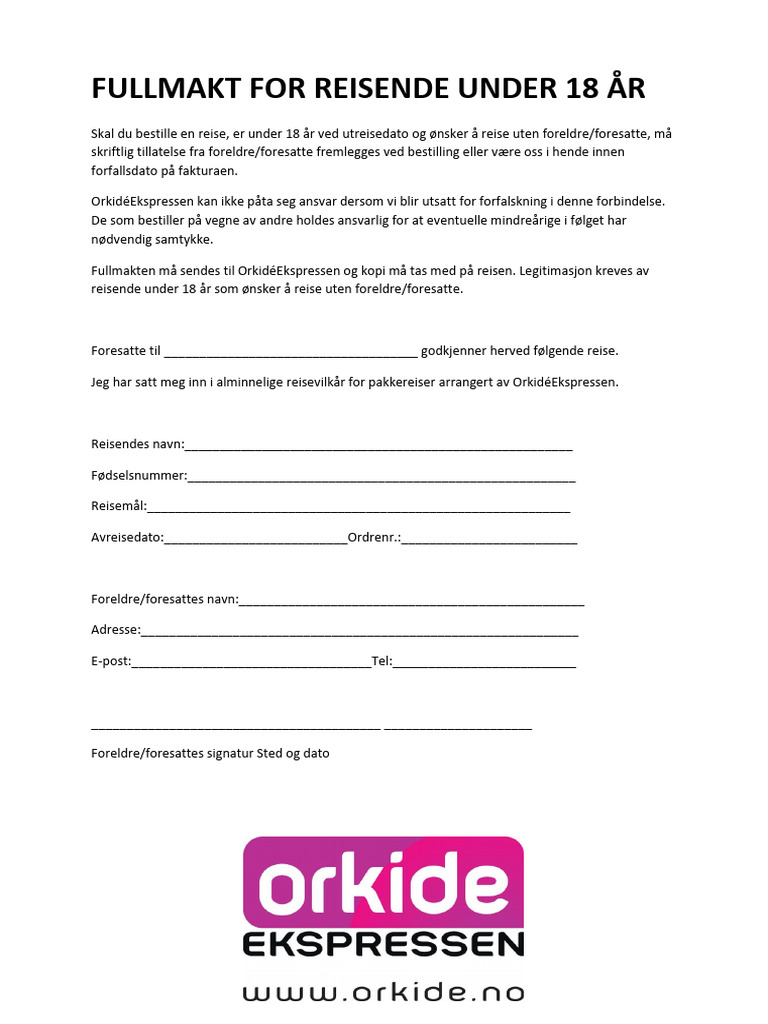 Fullmakt For Reisende Under 18 År | PDF
