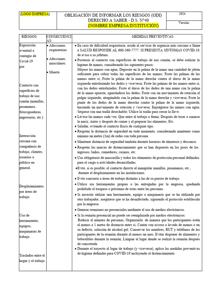 Formato ODI: Obligación de Informar Riesgos | PDF | Factores humanos y ...