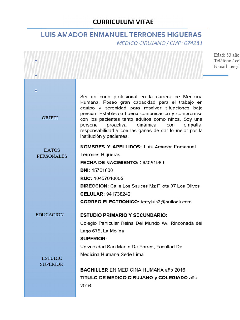Médico Cirujano: Luis Amador Terrones | PDF | Medicina | Cuidado de la ...