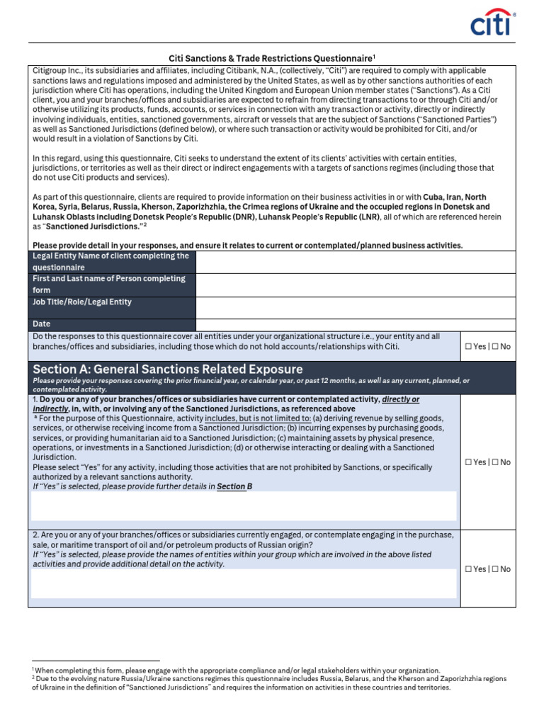Citi Sanctions Due Diligence Questionnaire | PDF | Citigroup | Subsidiary