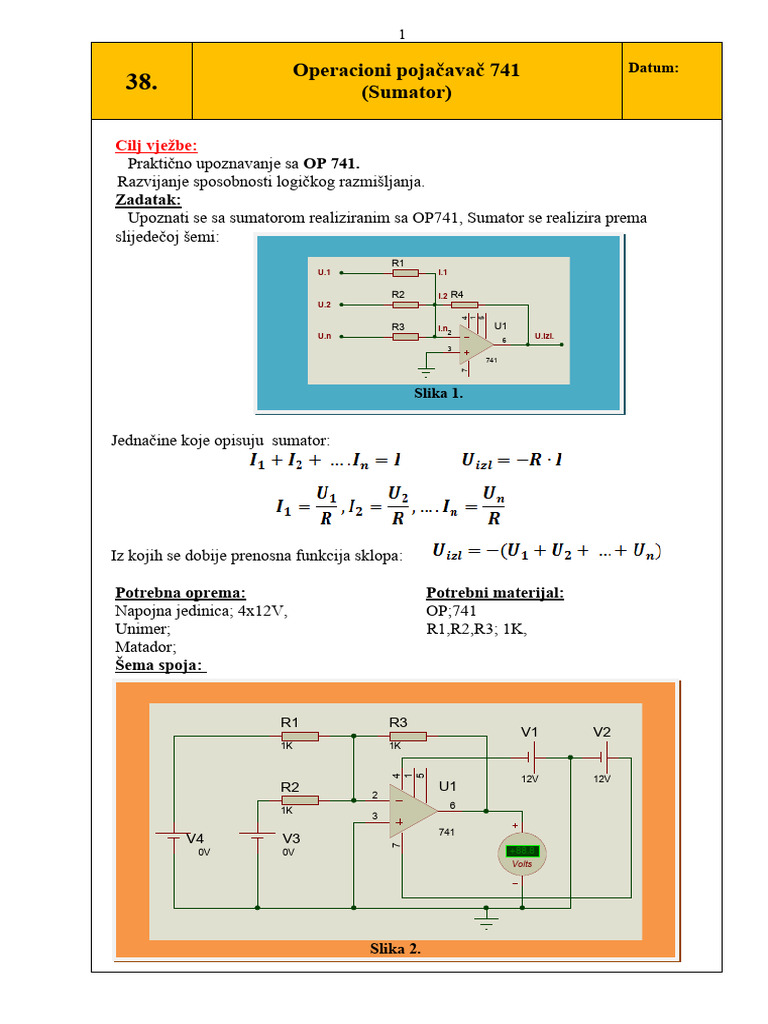 Operacioni Pojačavač 741 (Sumator) : Cilj Vježbe | PDF