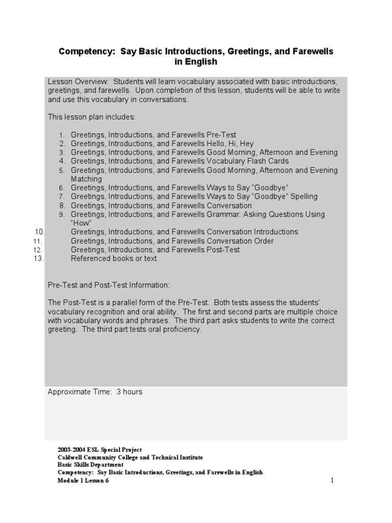 Lesson Plan Greetings Intros Farewells | PDF | English As A Second Or ...