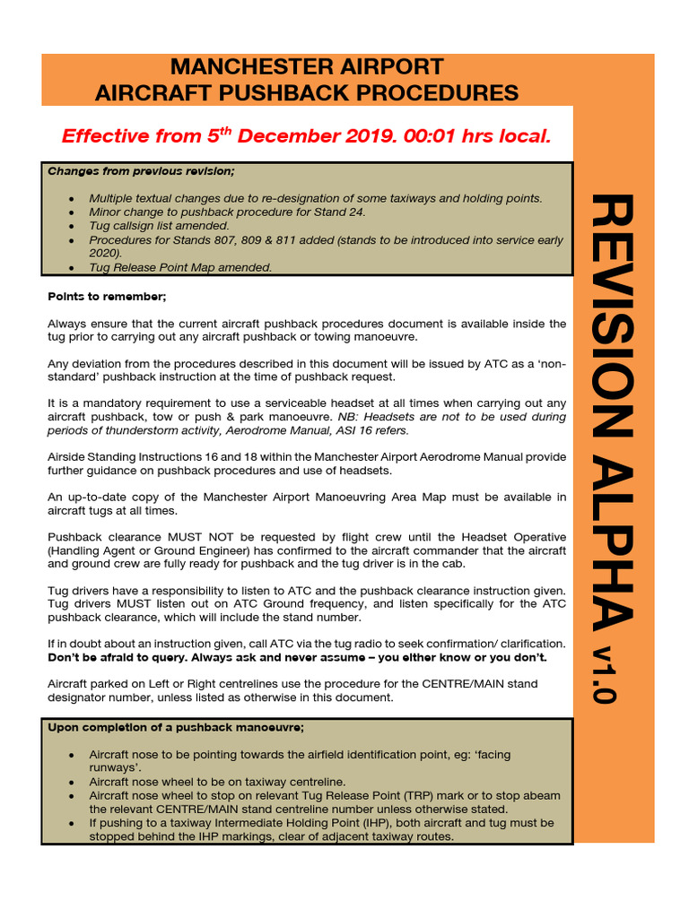Manchester Airport Aircraft Pushback Procedures Revision a v10 | PDF ...