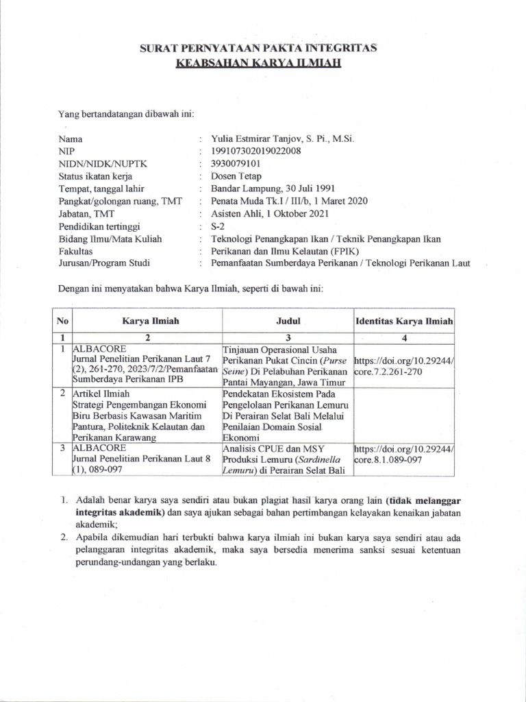Pakta Integritas Karya Ilmiah Dosen | PDF