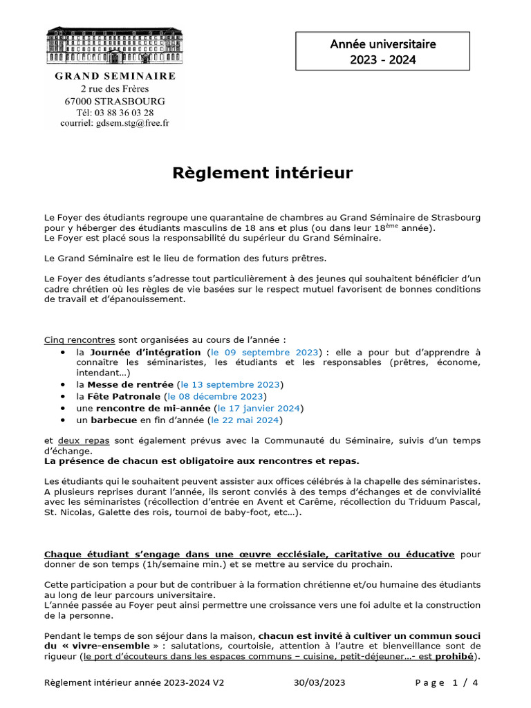 Reglement Interieur Annee 2023 2024 V2 | PDF | Cuisine | Repas