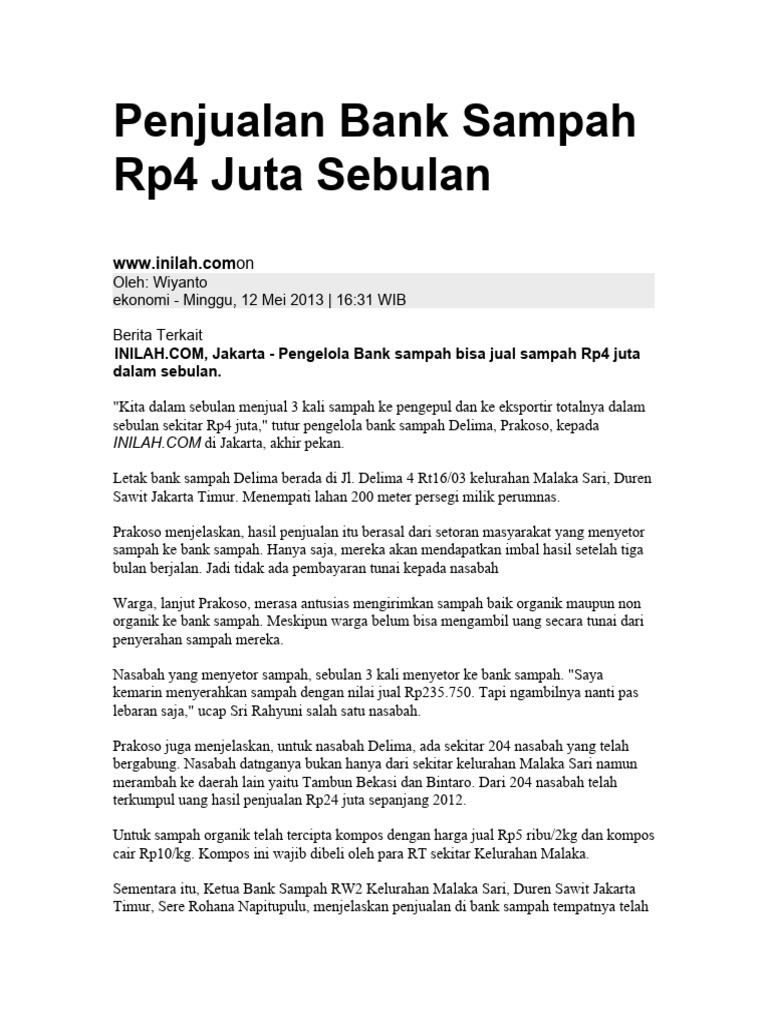Penjualan Bank Sampah Rp4 Juta Sebulan | PDF | Griya & Taman