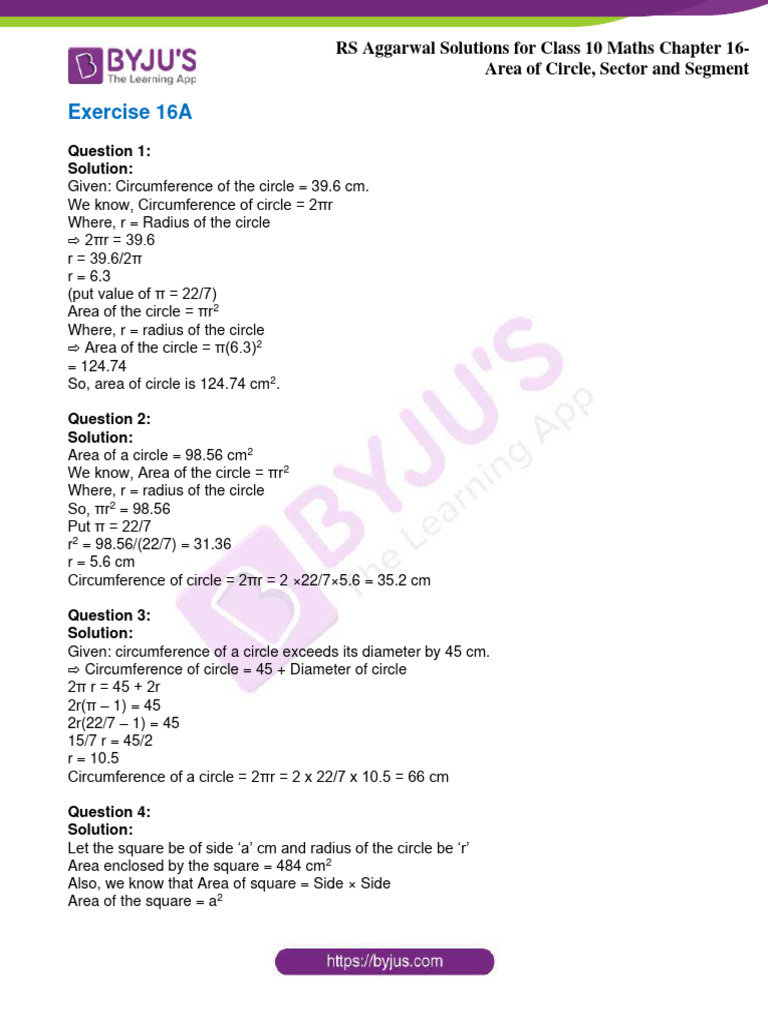 RS Aggarwal Solution Class 10 Maths Chapter 16 Area of Circle Sector ...