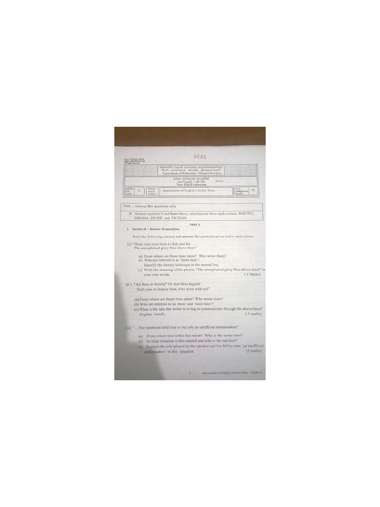 Western Province OL English Literature Test Paper | PDF