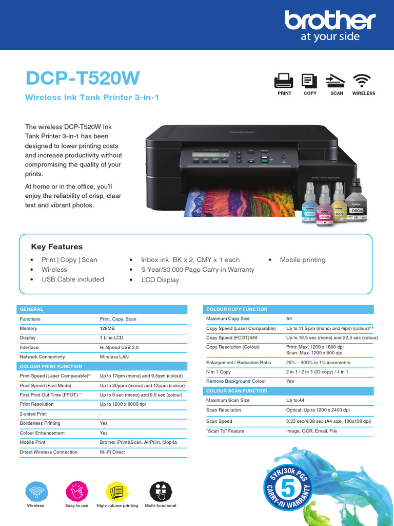 Brother DCP-T520W Printer Specifications | PDF | Printer (Computing ...