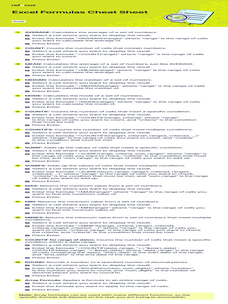Refocus - Excel Formulas Cheet Sheet | PDF | Average | Numbers Refocus - Excel Formulas Cheet Sheet | PDF | Average | Numbers