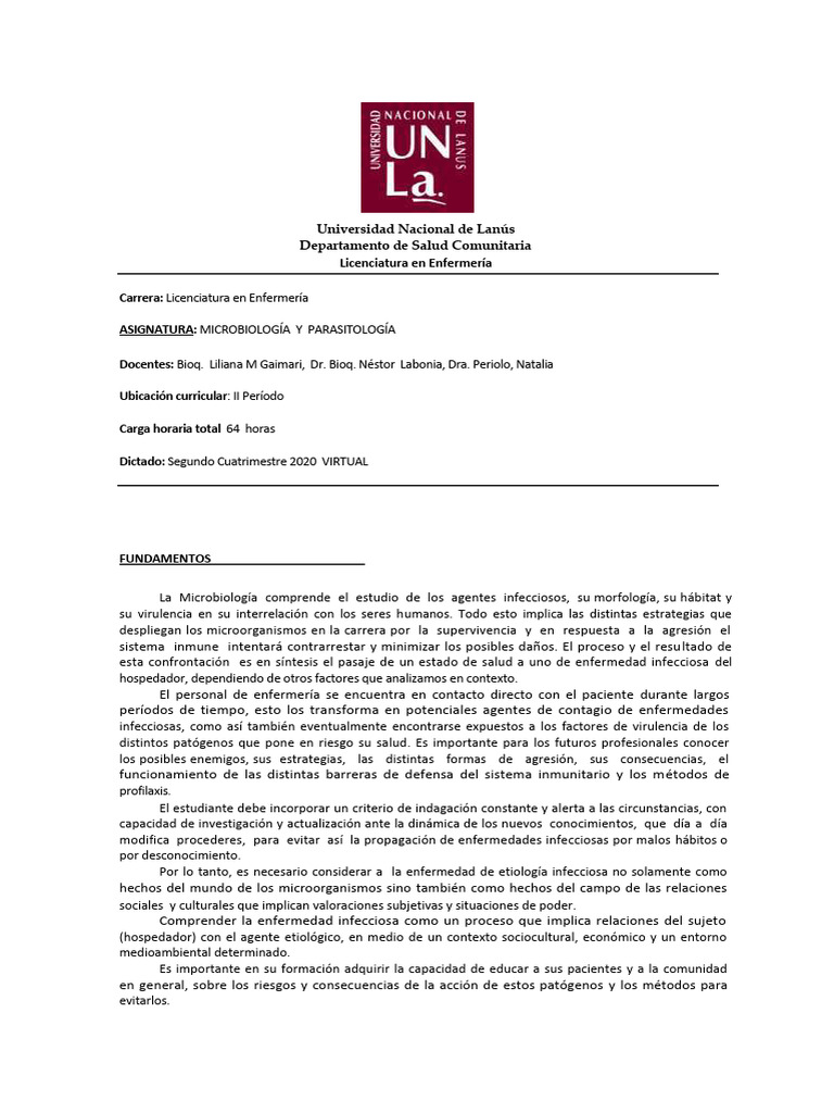 MICROBIOLOGIA Y PARASITOLOGIA 2020 Programa | PDF | Infección | Microbiología