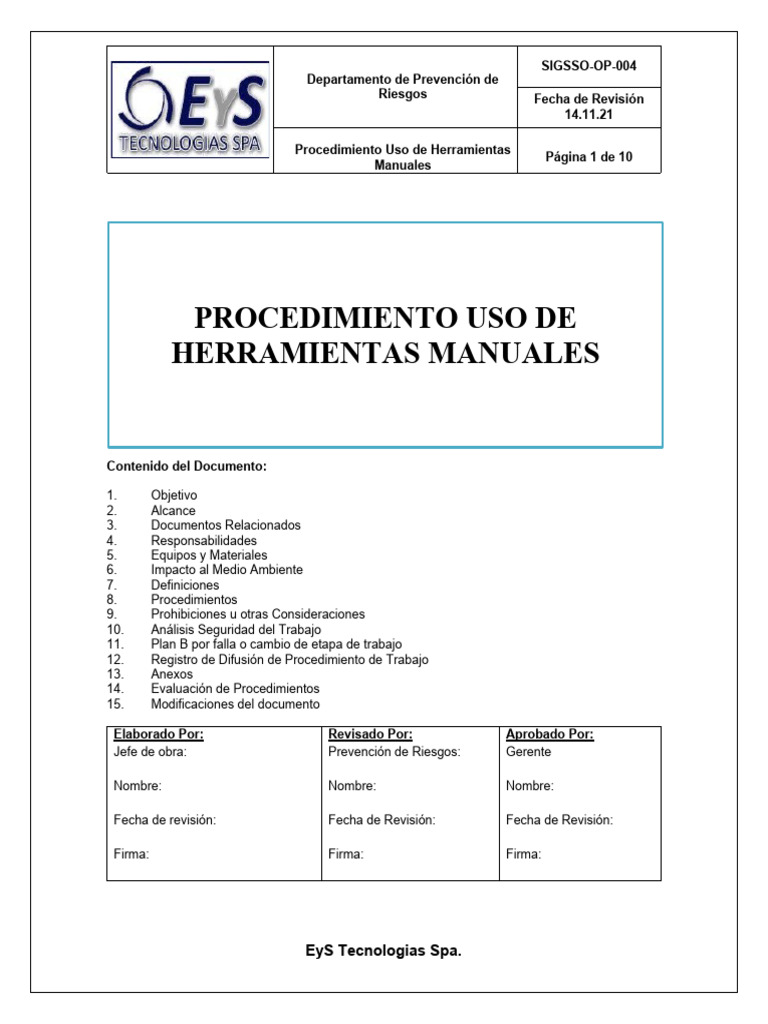 Procedimiento de Uso Herramientas Manuales | PDF | Martillo | Herramientas