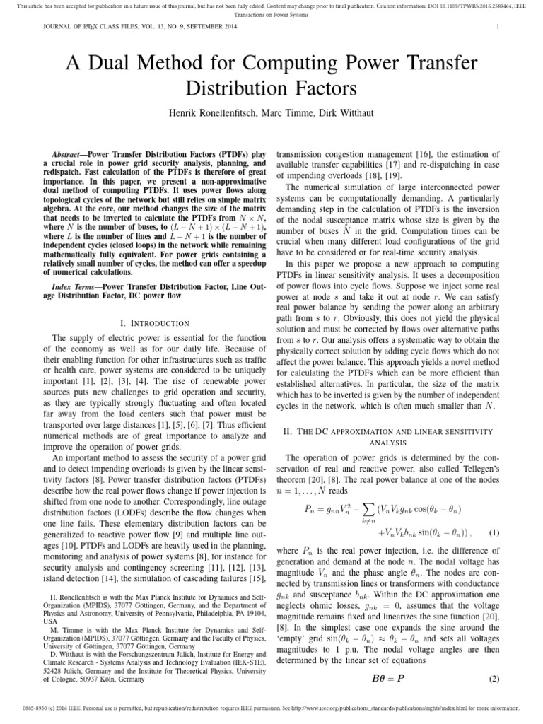 A Dual Method For Computing Power Transfer Distribution Factors | PDF ...