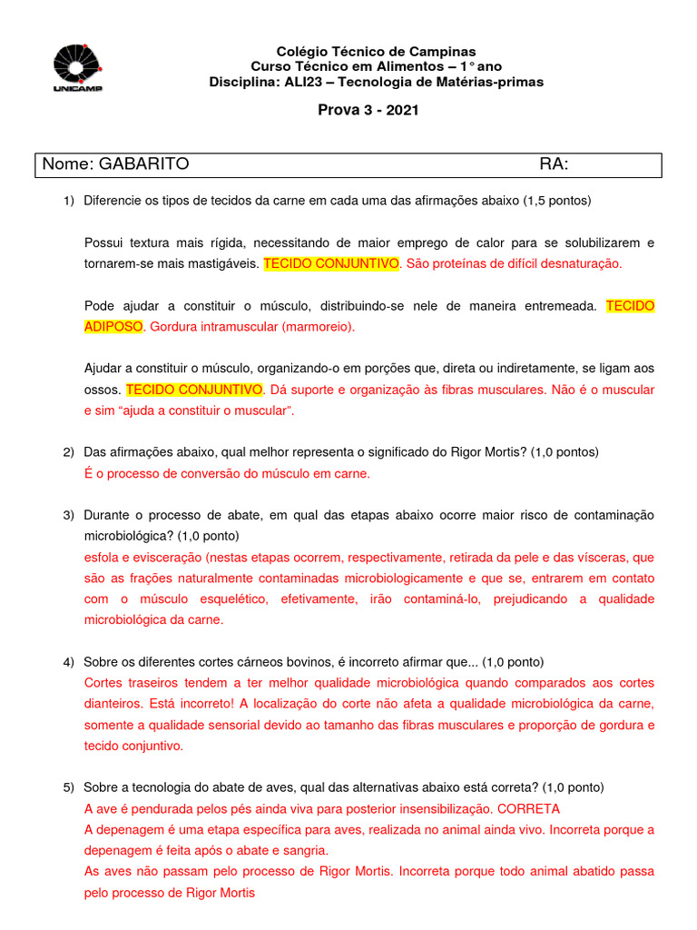 TECMAT Prova3 Gabarito | PDF | Músculo | Carne