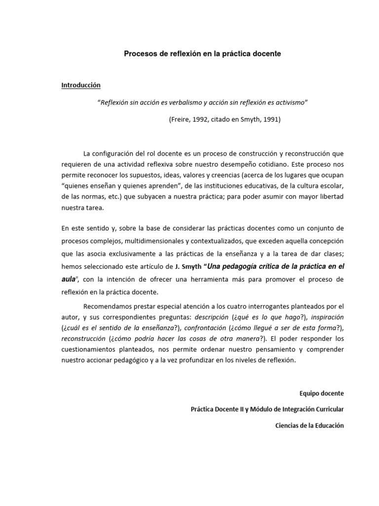 Smyth, John. Una Pedagogía Crítica de La Práctica en El Aula | PDF | Enseñando | Maestros