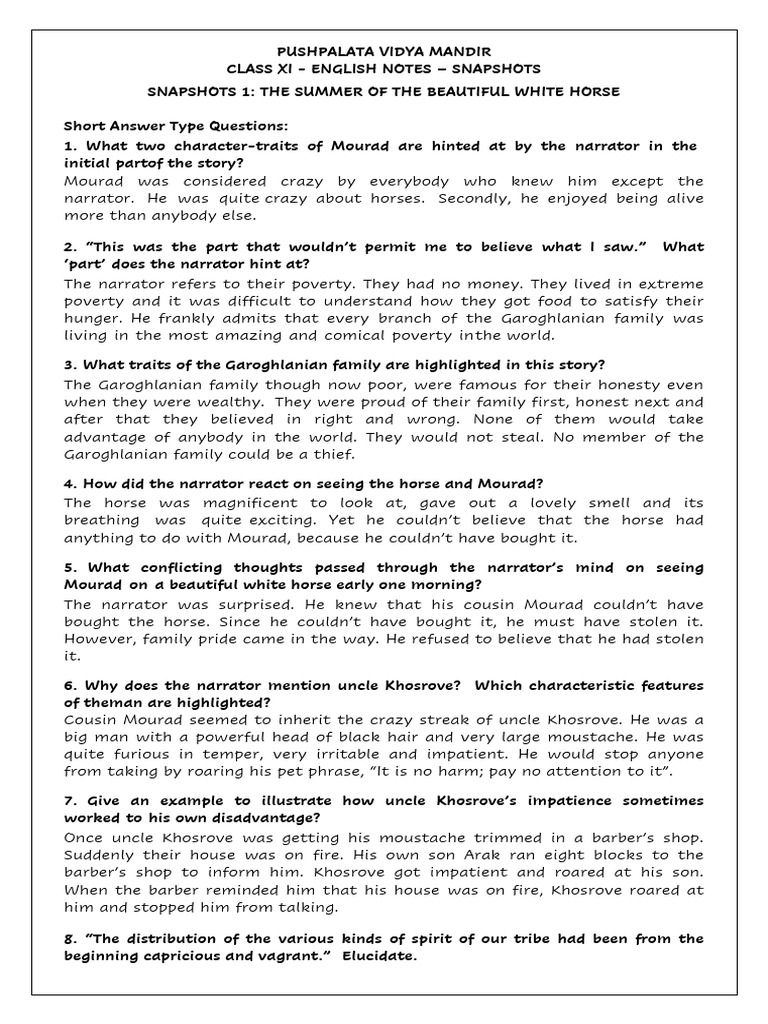 Class Xi - Notes - SS 1. The Summer of The Beautiful White Horse | PDF