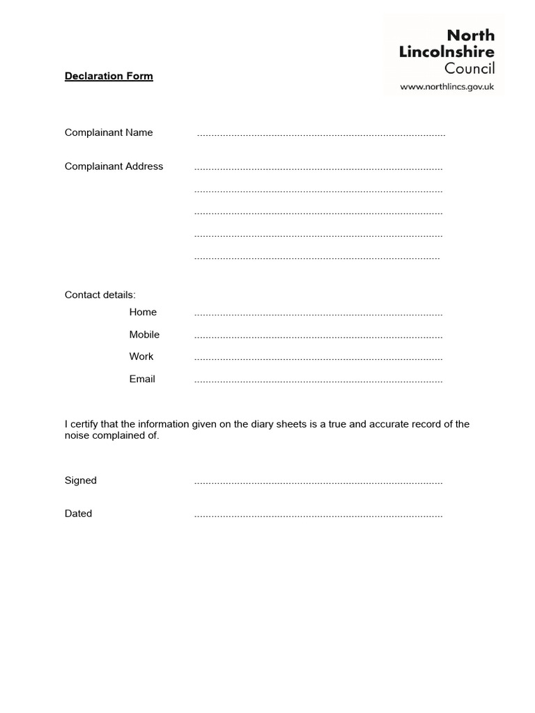 Noise Complaint Declaration Form | PDF | Hearing | Noise