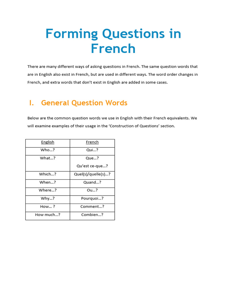 Forming French Questions | PDF | Grammatical Gender | Grammatical Number