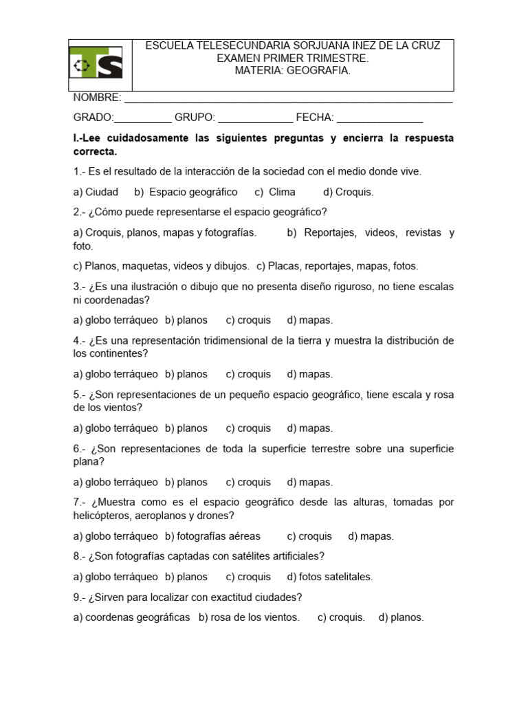 Examen de Geografia 1° Trimestre | PDF | Mapa | Ciencias Naturales