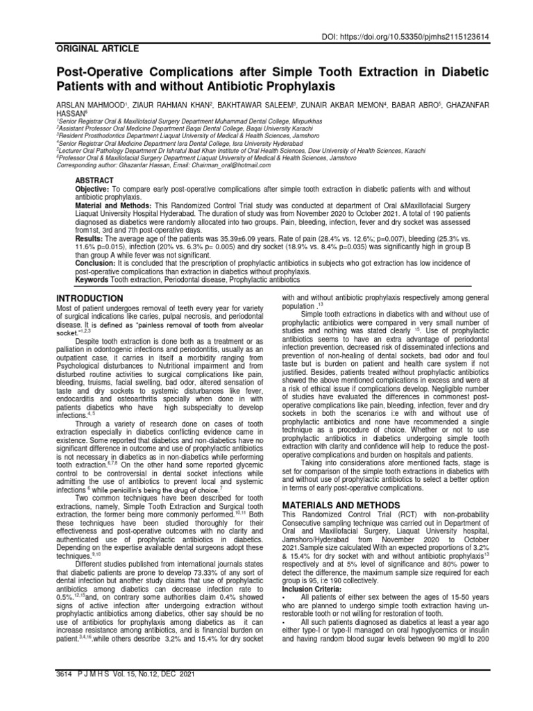 Post-Operative Complications After Simple Tooth Extraction in Diabetic ...