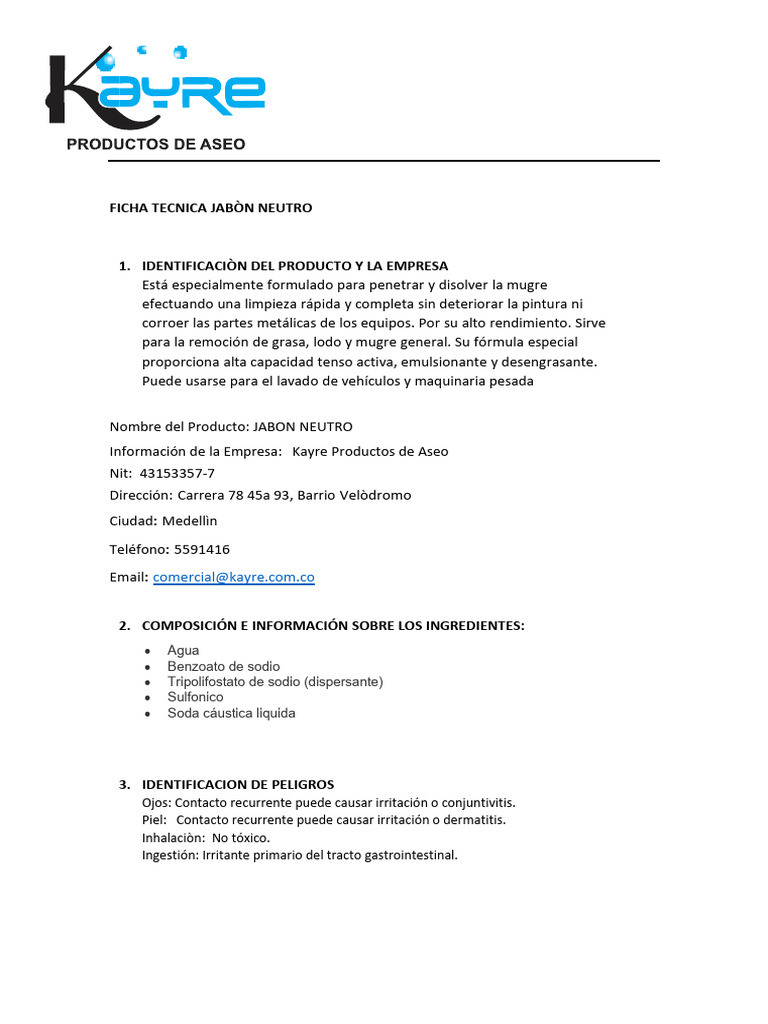 Hoja de seguridad Multiusos Kayre | PDF | Agua | Jabón