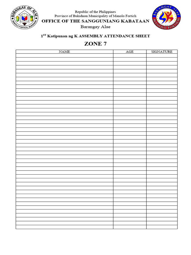 SK Assembly Attendance Sheet - Zone 7 | PDF
