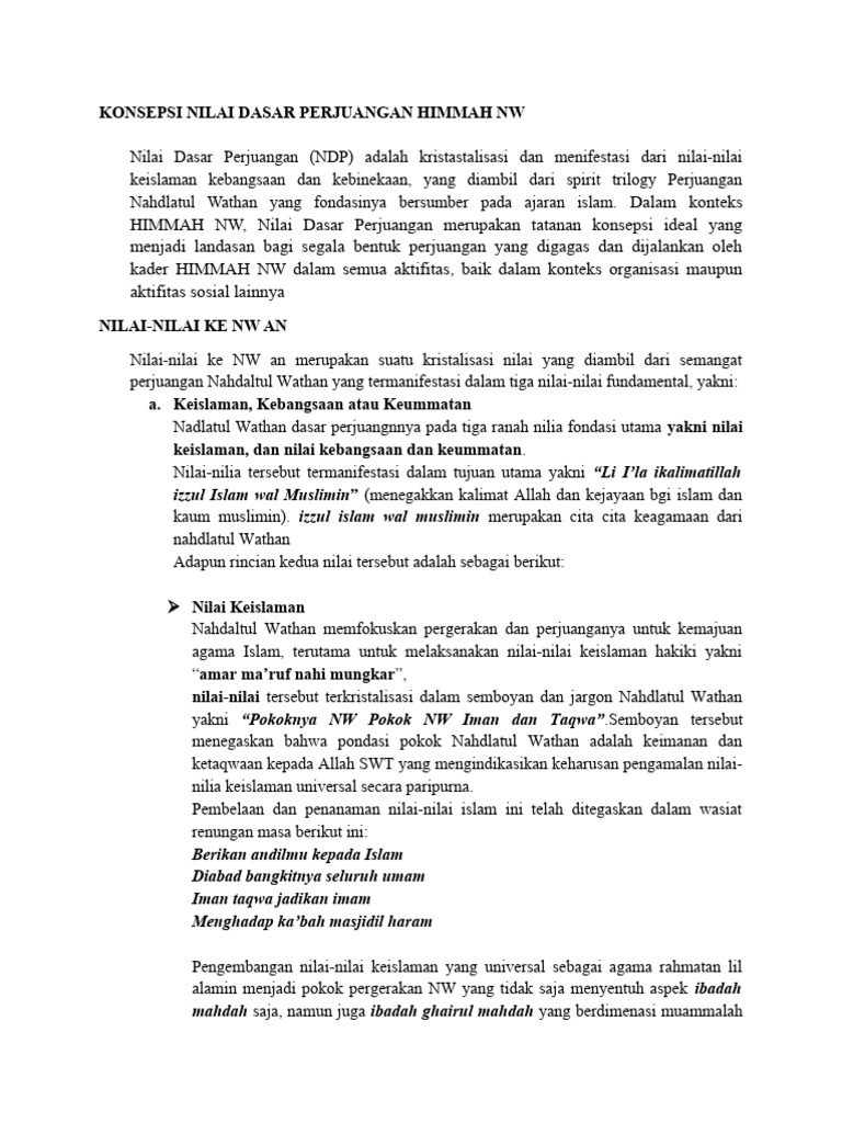 Nilai Dasar Perjuangan HIMMAH NW | PDF