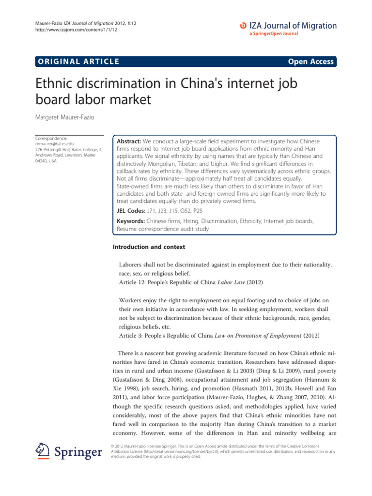 Ethnic Discrimination in China's Internet Job Board Labor Market | PDF ...
