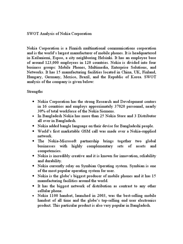 SWOT Analysis of Nokia Corporation | PDF | Nokia | Mobile Phones