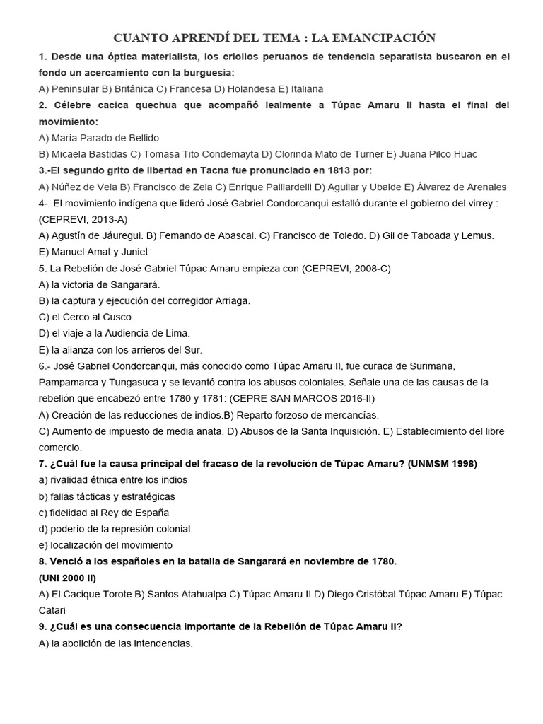 Examen de Independencia 13 Colonias | PDF | America latina ...