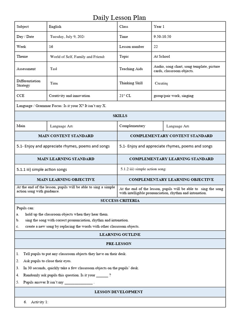 English Year 1 Week 16 | PDF | Lesson Plan | Learning