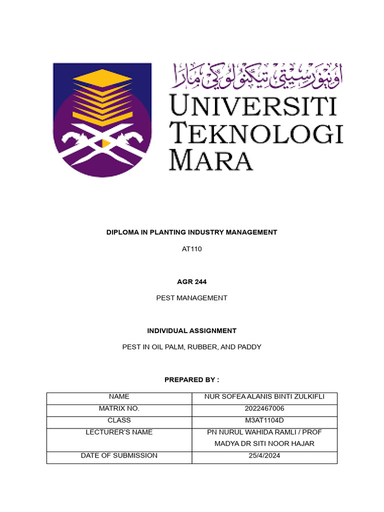 Individual Assignment Agr 244 Nur Sofea Alanis Zulkifli M3at1104d | PDF | Pest (Organism) | Insects