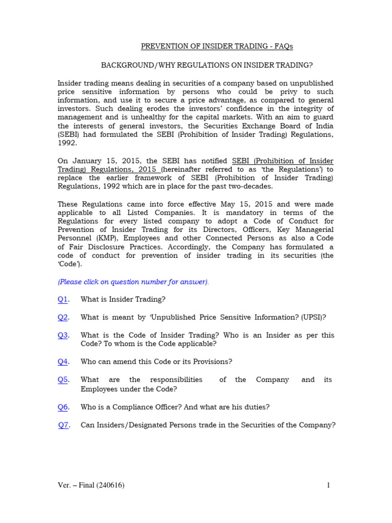 FAQS On Insider Trading | PDF | Insider Trading | Takeover